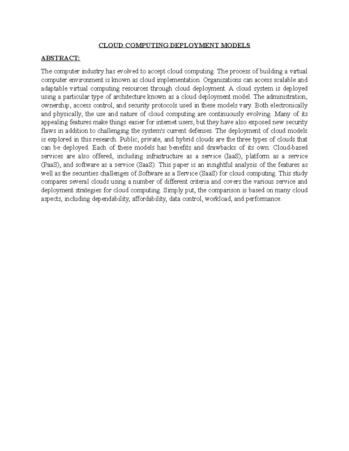 Abstract 2 - CLOUD COMPUTING DEPLOYMENT MODELS ABSTRACT: The computer ...