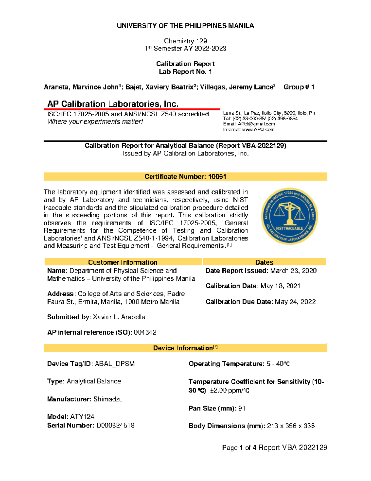 Example of Calibration Report - UNIVERSITY OF THE PHILIPPINES MANILA ...