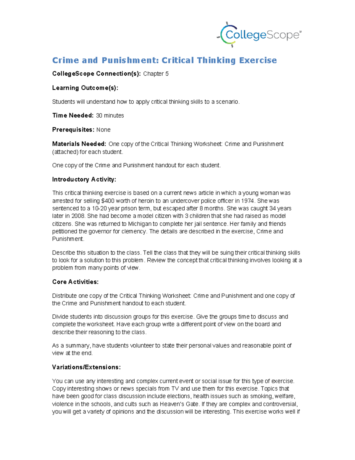 Critical Thinking Exercise-Crime and Punishment - Crime and Punishment ...