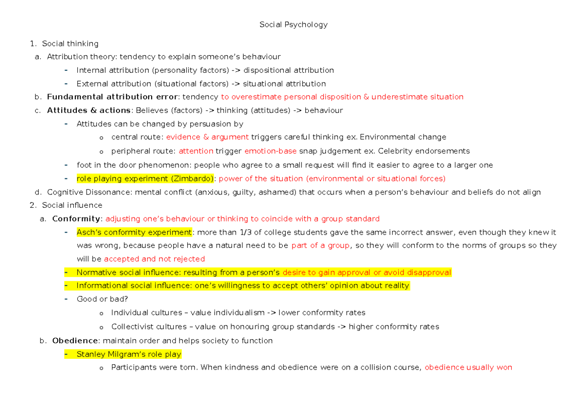 Psychology Notes FOR Foundation - Social Psychology Social thinking a ...