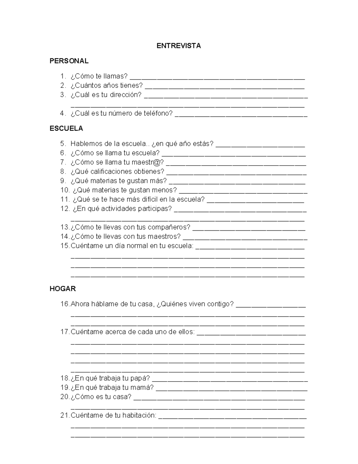 Entrevista Infantil - ENTREVISTA PERSONAL ¿Cómo te llamas? - Studocu