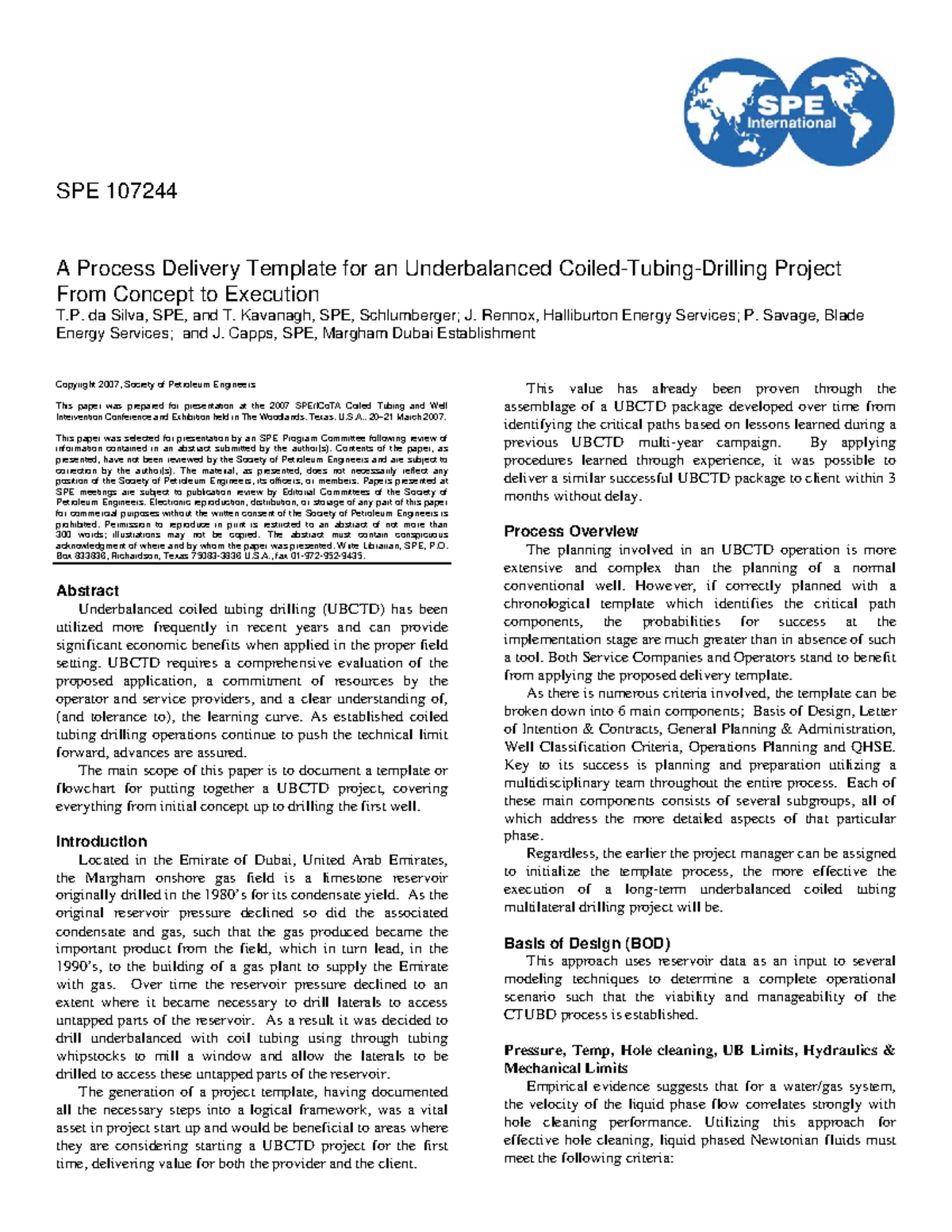 A Process Delivery Template for an Underbalanced Coiled Tubing Drilling ...