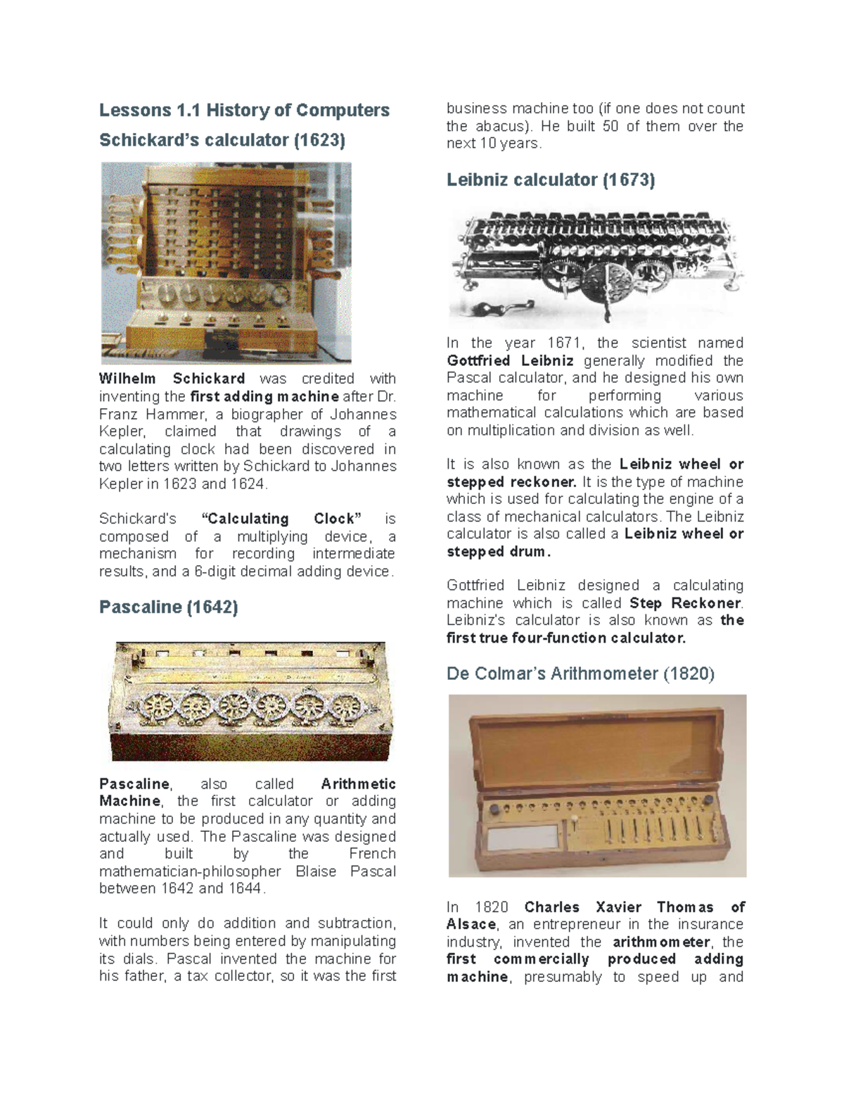 CC 10.1 Notes - Lessons 1 History of Computers Schickard’s calculator ...