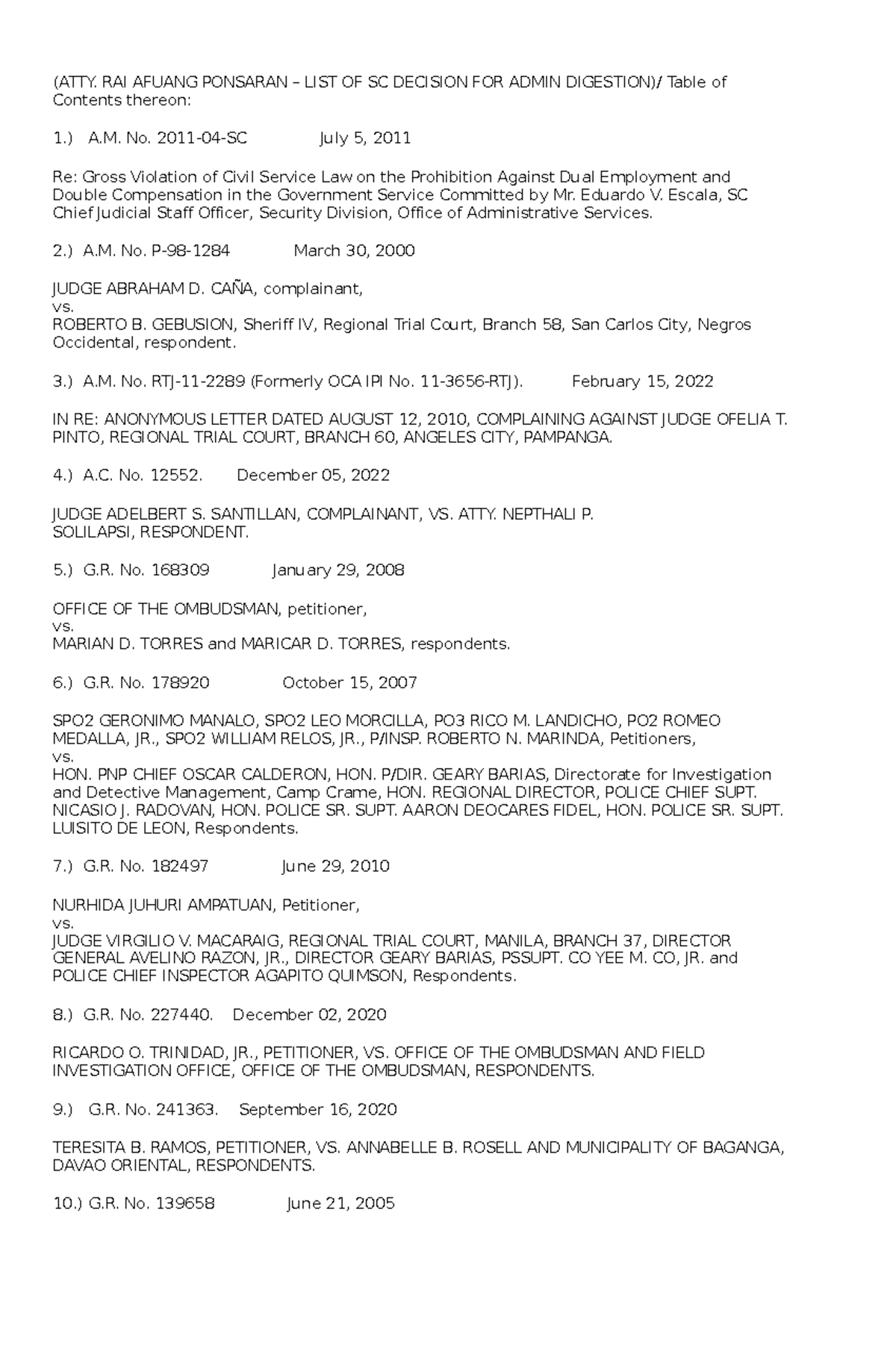 10 new list of SC digestable admin cases - (ATTY. RAI AFUANG PONSARAN ...