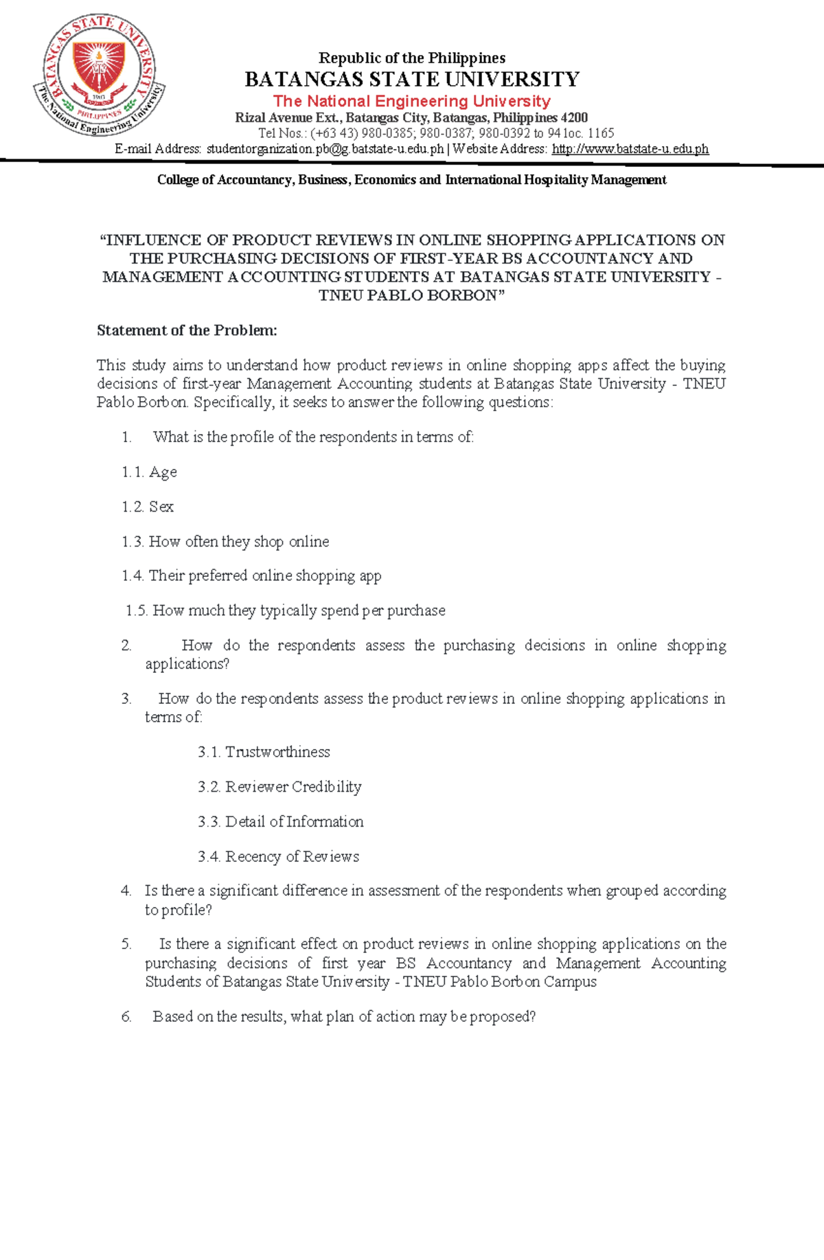 STS- Questionnaire - questions - BATANGAS STATE UNIVERSITY The National ...