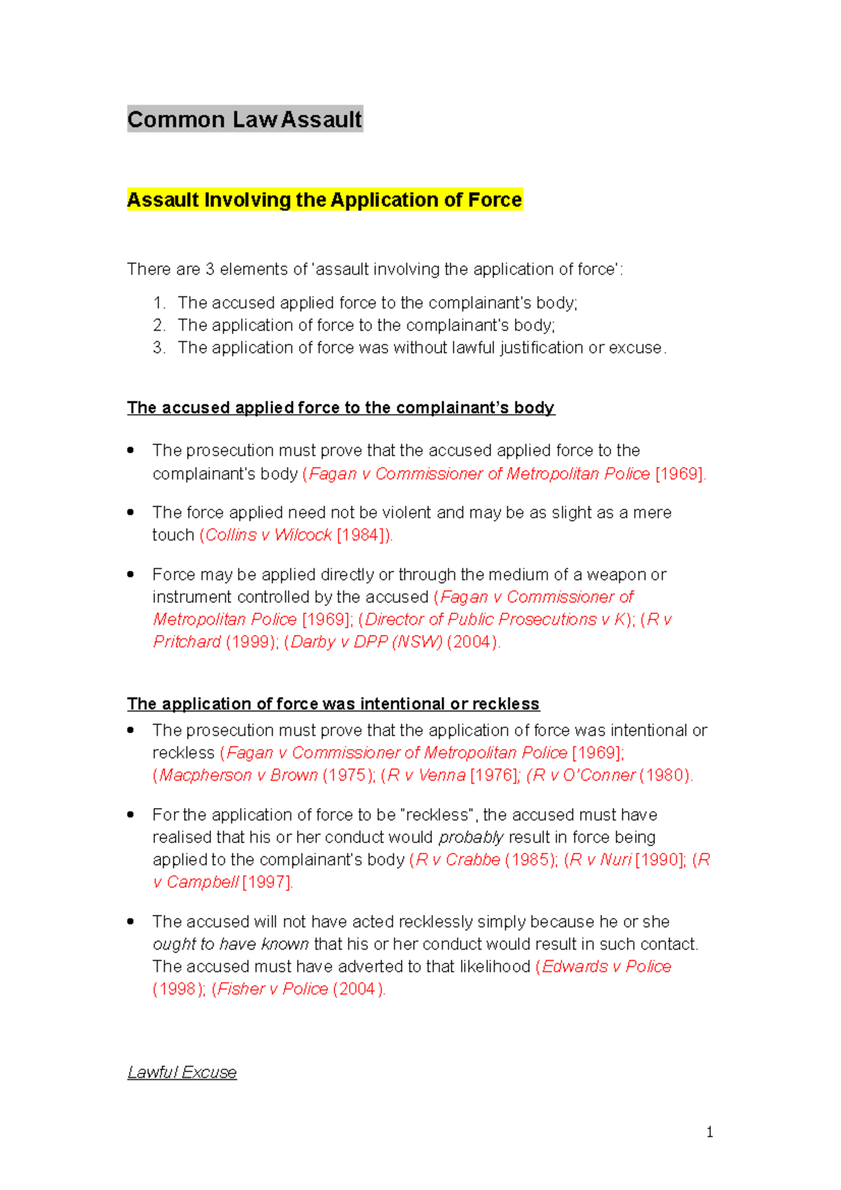 Exam notes only Assault - Common Law Assault Assault Involving the ...