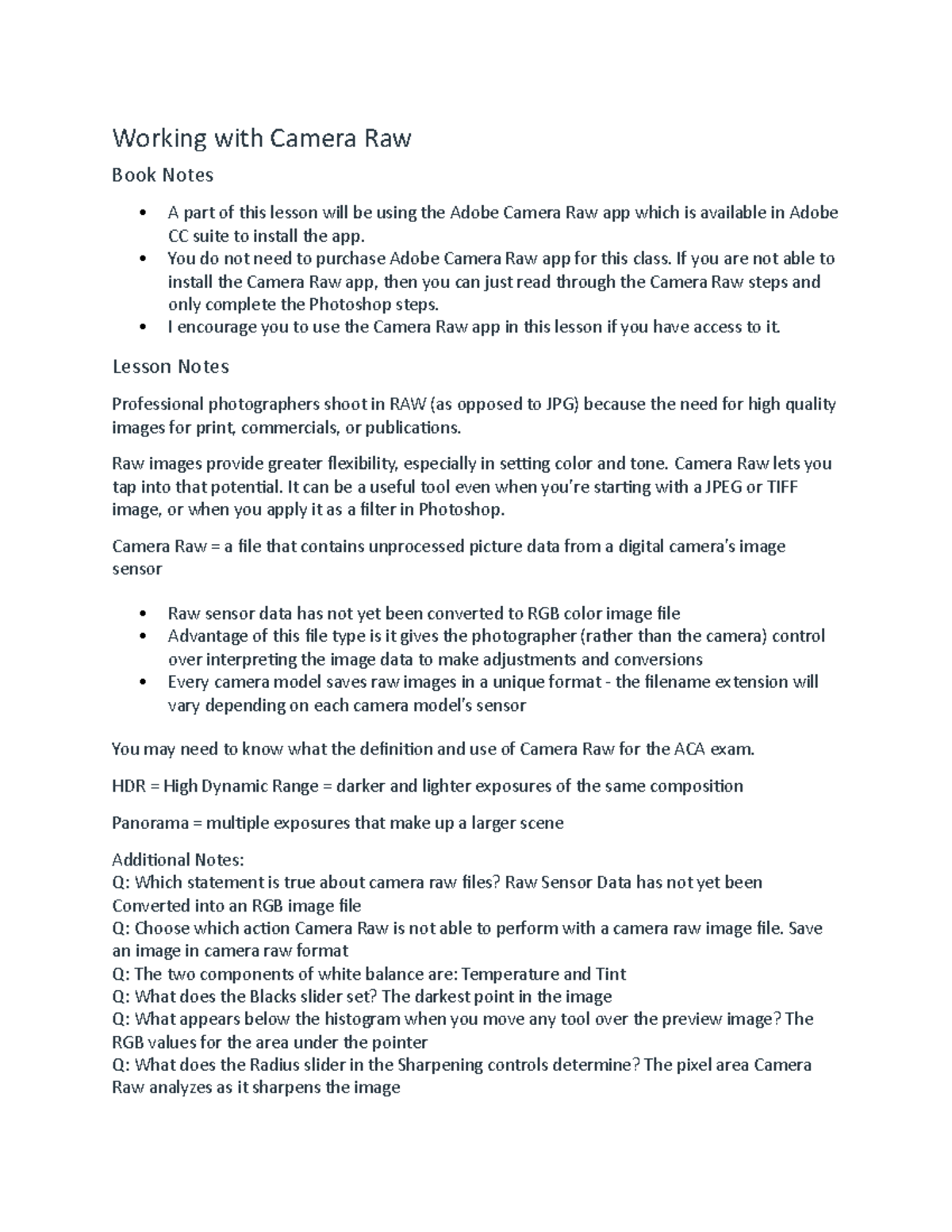 Lesson 12 - Lecture notes 12 - Working with Camera Raw Book Notes A ...