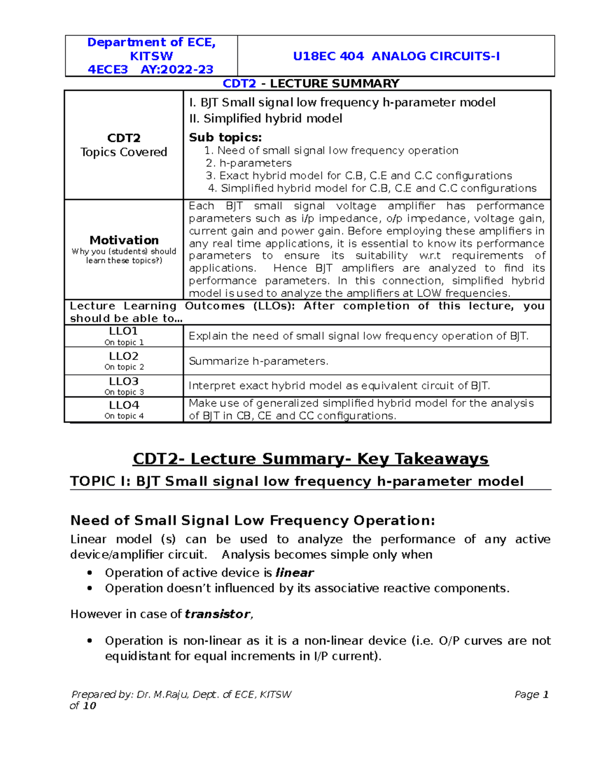 BJT small signal low frequency h-parameter model - ####### KITSW ...