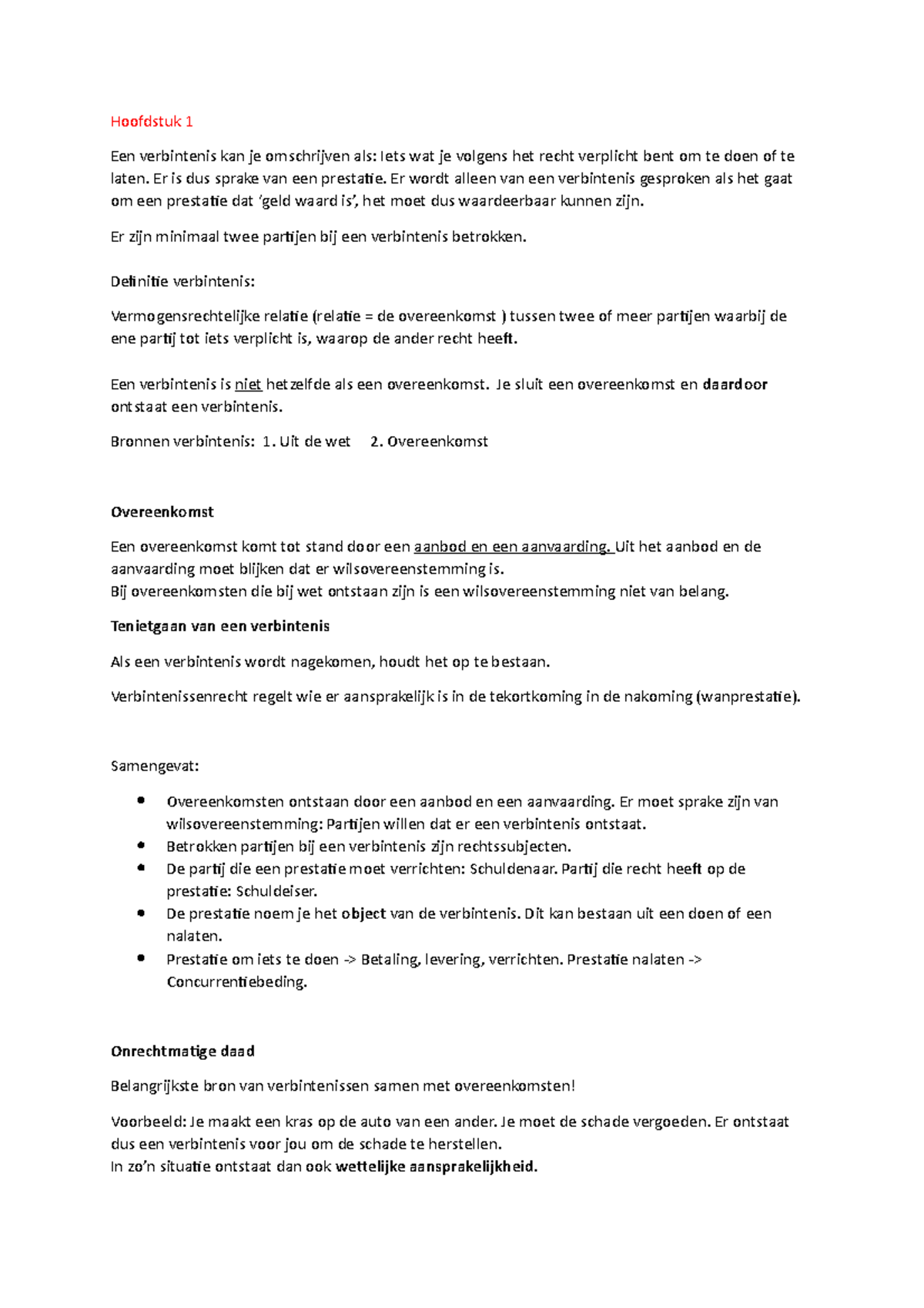 Verbintenis samenvatting - Hoofdstuk 1 Een verbintenis kan je ...