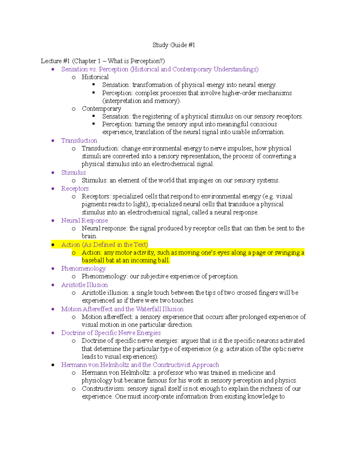 Study Guide #1 for Sensation and Perception - Study Guide # Lecture #1 ...