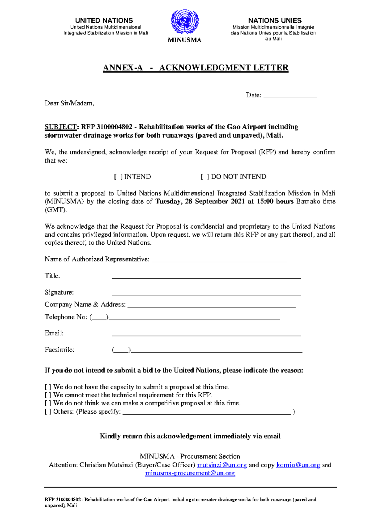 Annex A - Acknowledgement Letter - UNITED NATIONS United Nations ...