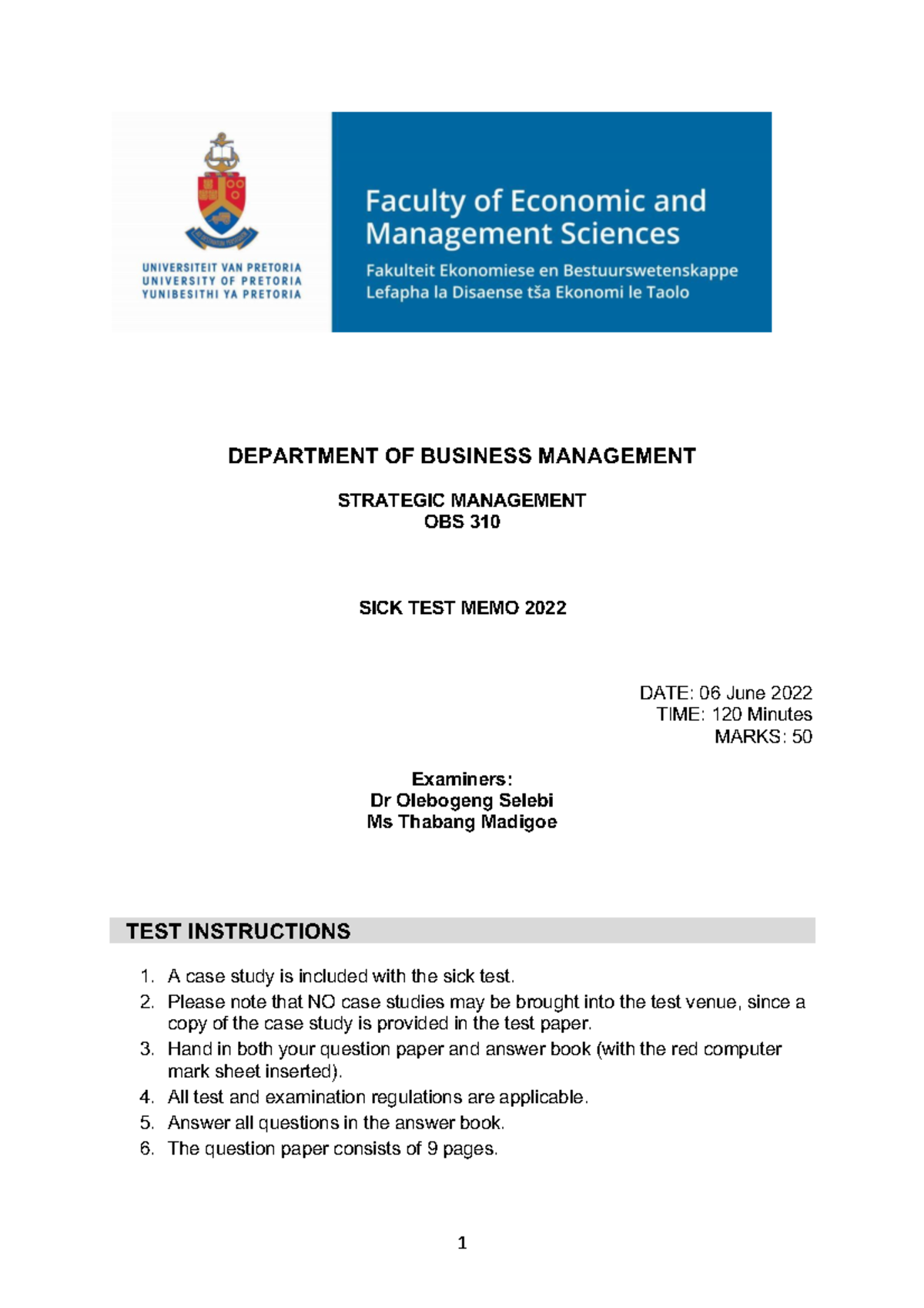 OBS 310 Sick Test MEMO - sem test 3 - DEPARTMENT OF BUSINESS MANAGEMENT ...