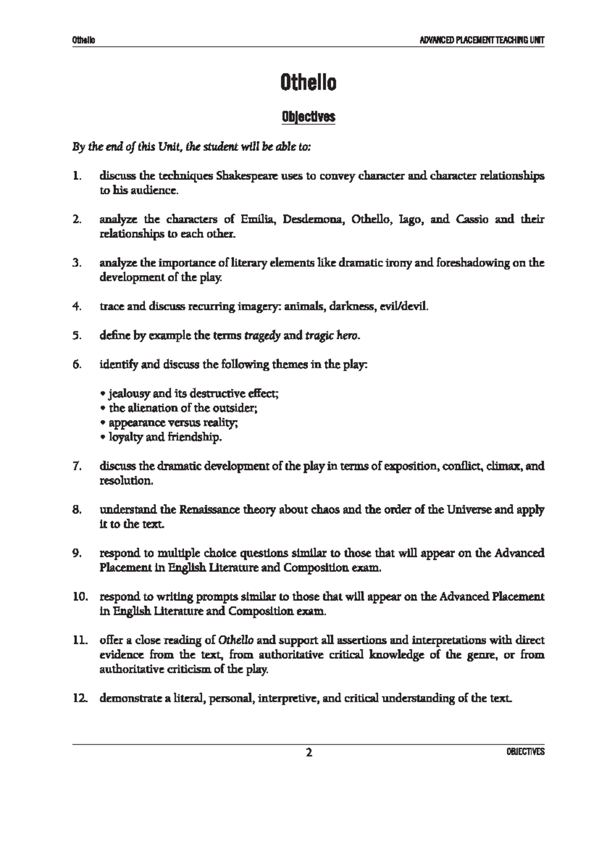 Othello Notes and questions - Masters in Teaching & Learning - Studocu