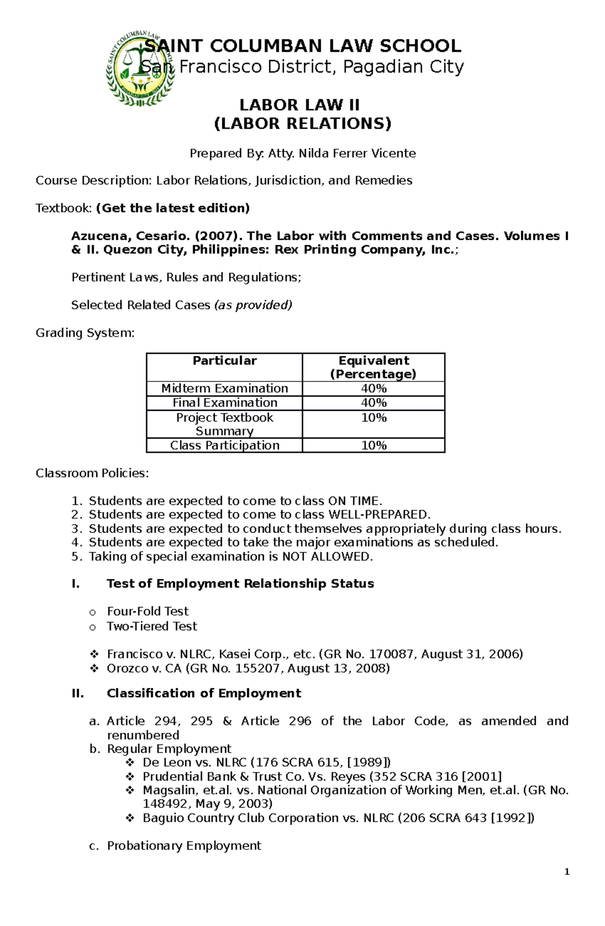 Syllabus-Labor-Relations - SAINT COLUMBAN LAW SCHOOL San Francisco ...