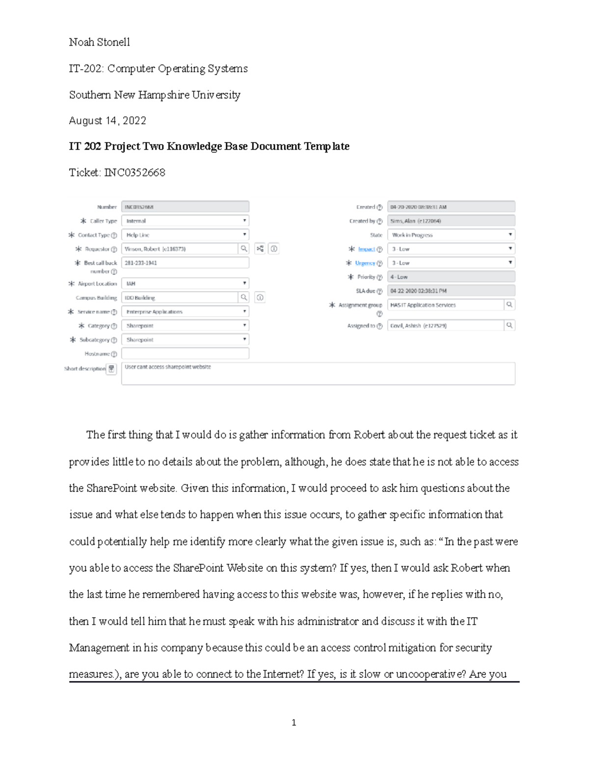 User Report and Knowledge Base Document - IT-202: Computer Operating ...