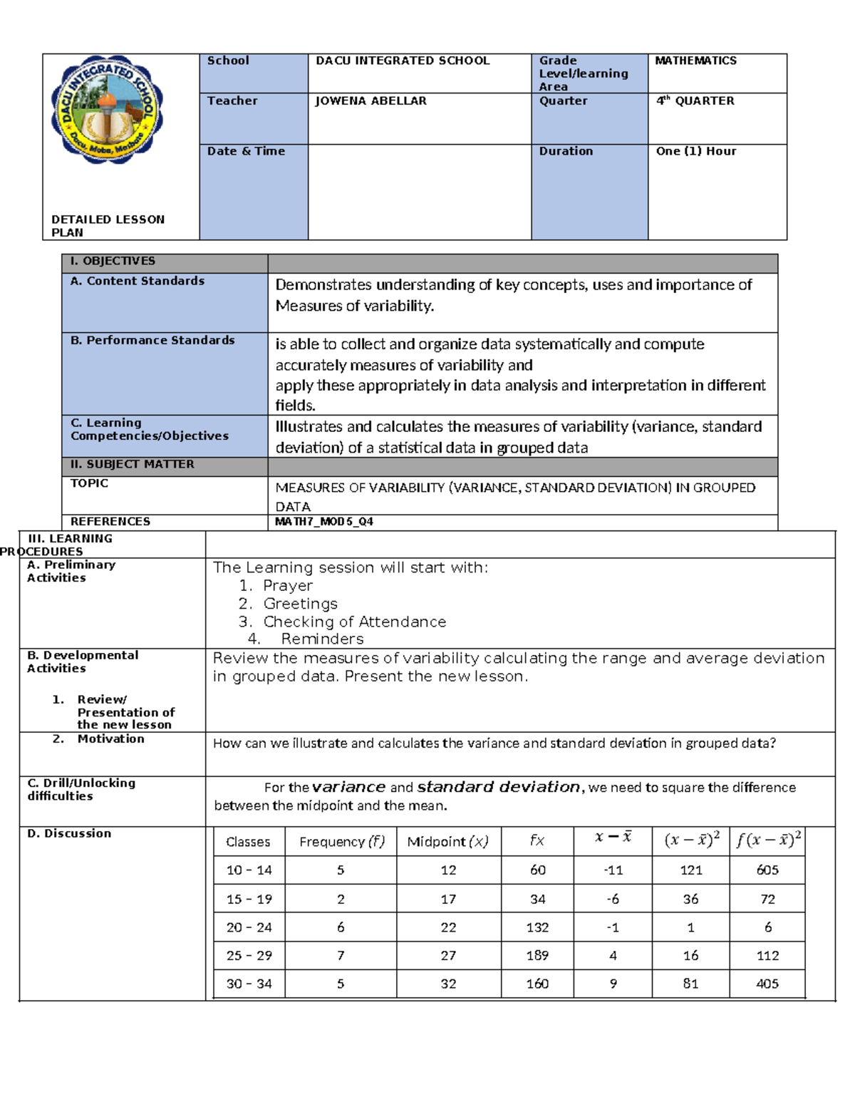 Lp Grade 7 Measures Of Variability Variance Standard Deviation In