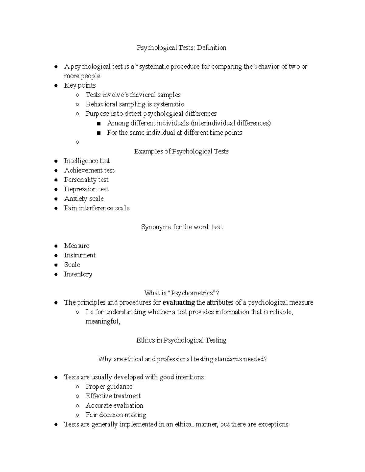 Notes - Psychological Tests: Definition A psychological test is a ...