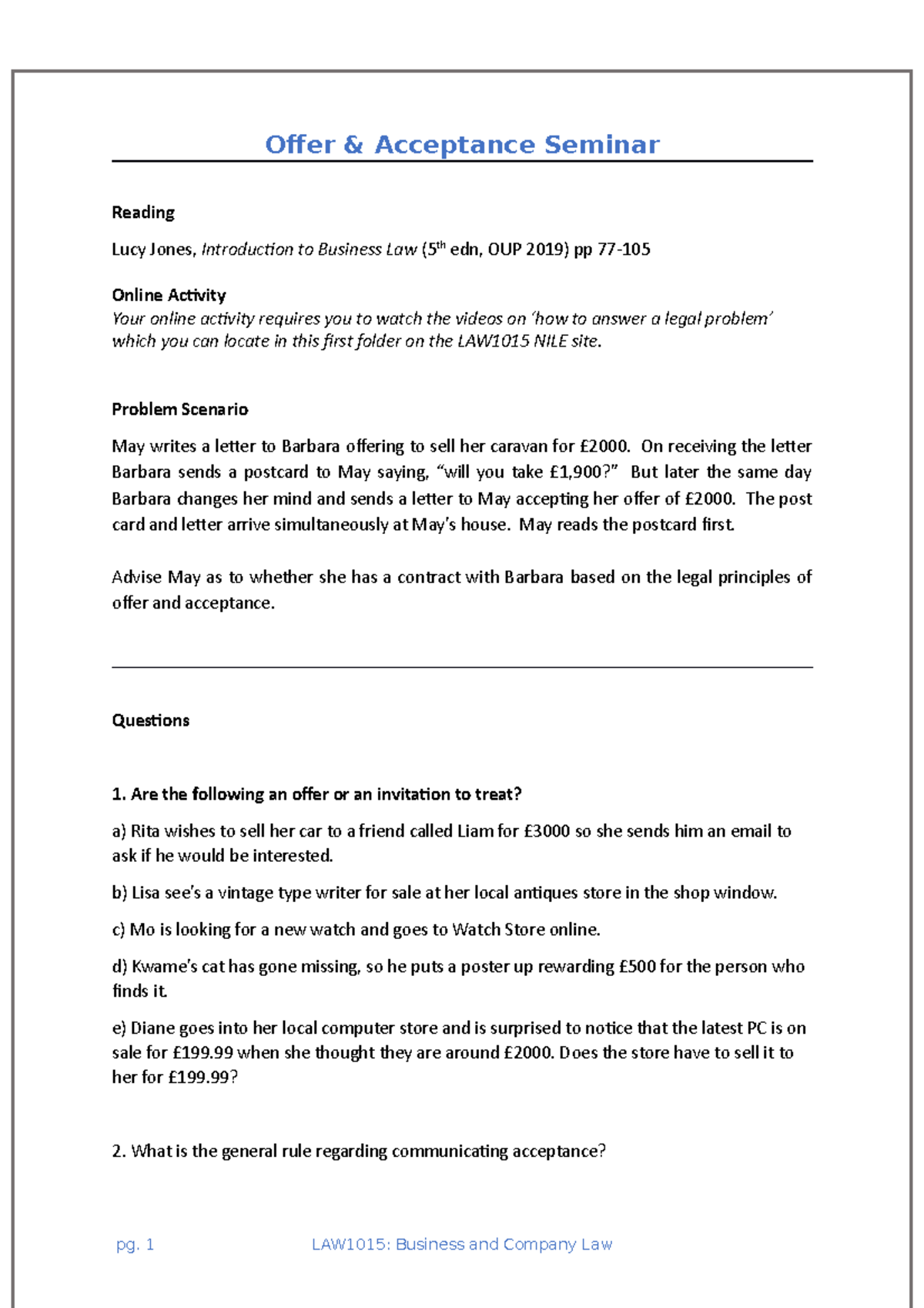 Offer & Acceptance Seminar - LAW1015 - Northampton - Studocu