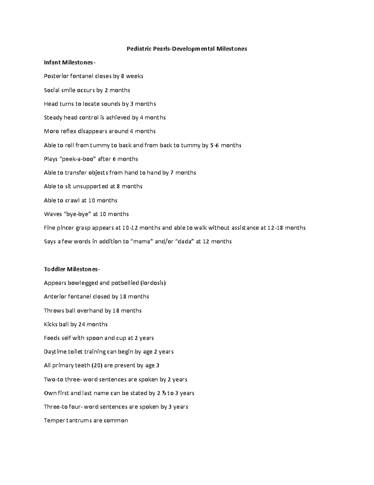 Pediatric Pearls- Milestones - Pediatric Pearls-Developmental ...