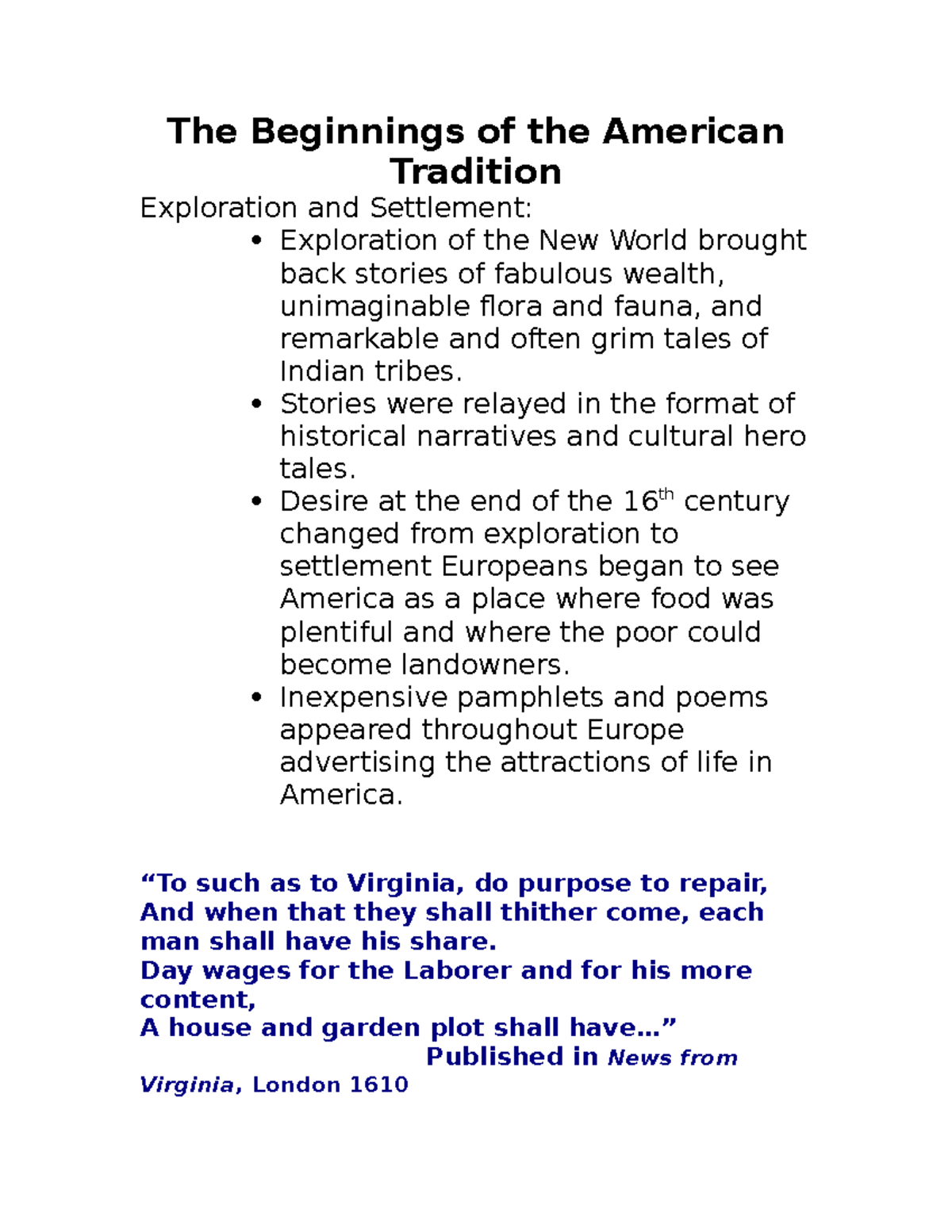 English III Beginning Notes - The Beginnings of the American Tradition ...