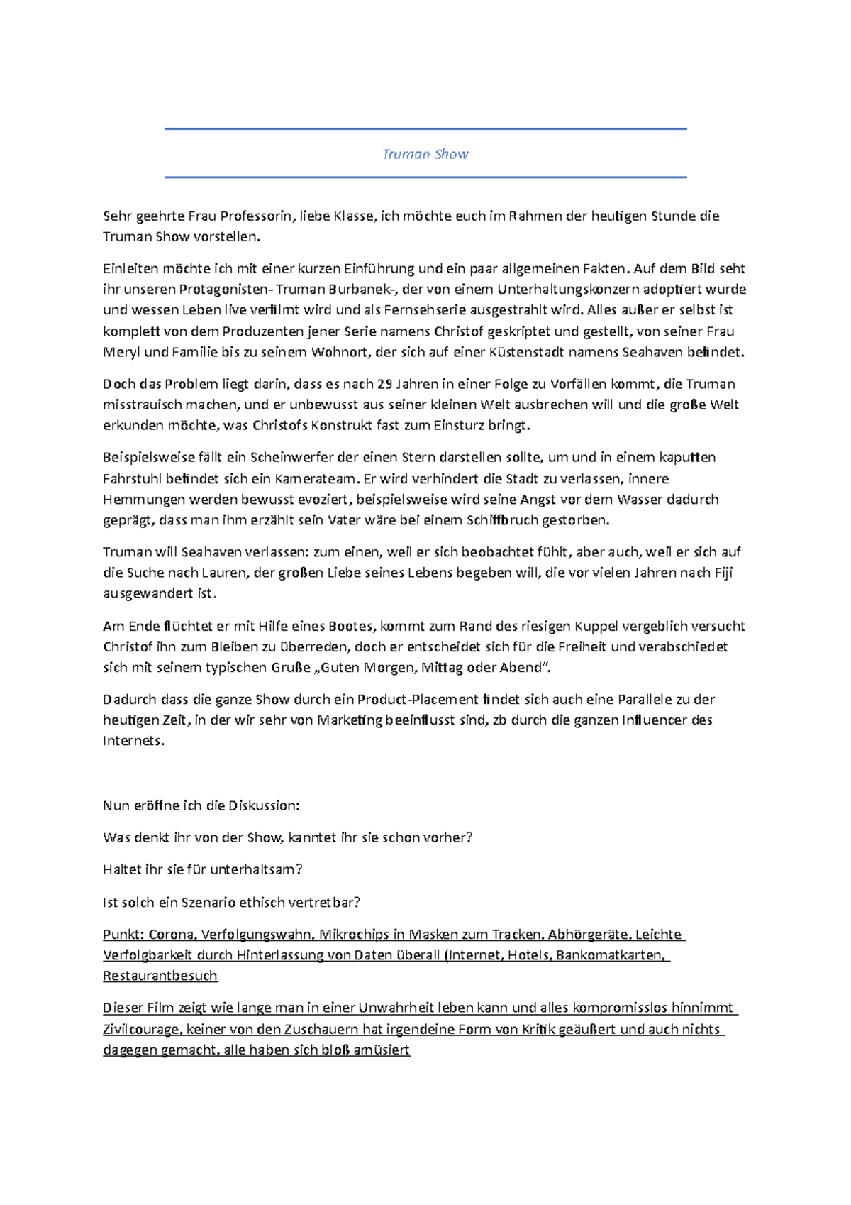 ETH Truman Show-24 11 21 referat - Truman Show Sehr geehrte Frau ...