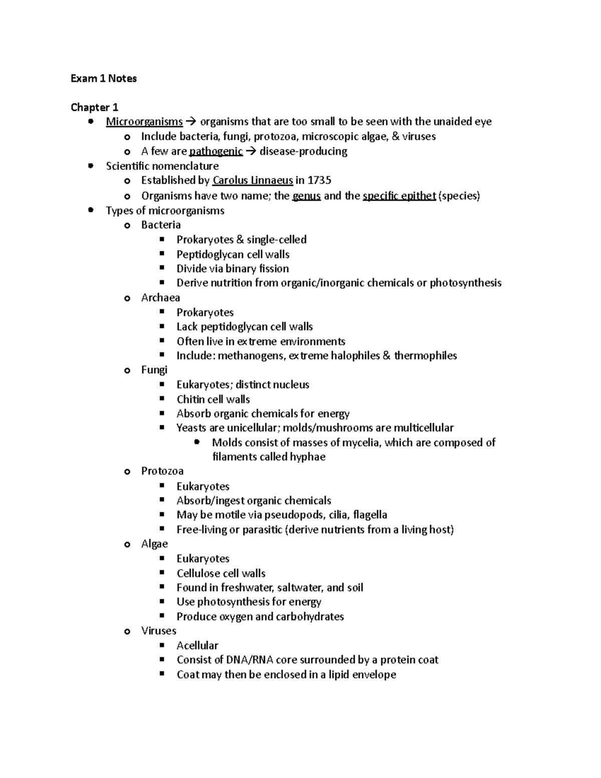 Exam 1 Notes - exam 1 - Exam 1 Notes Chapter 1 Microorganisms organisms ...