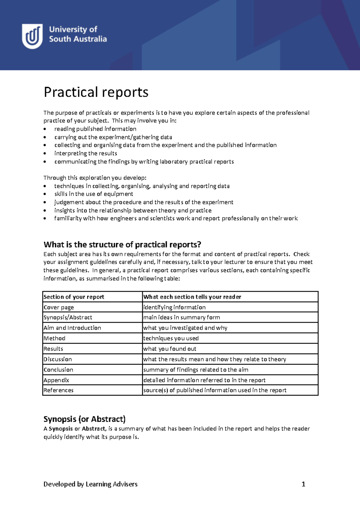 Reports practical reports Sep 2017 - Developed by Learning Advisers 1 Practical reports The ...