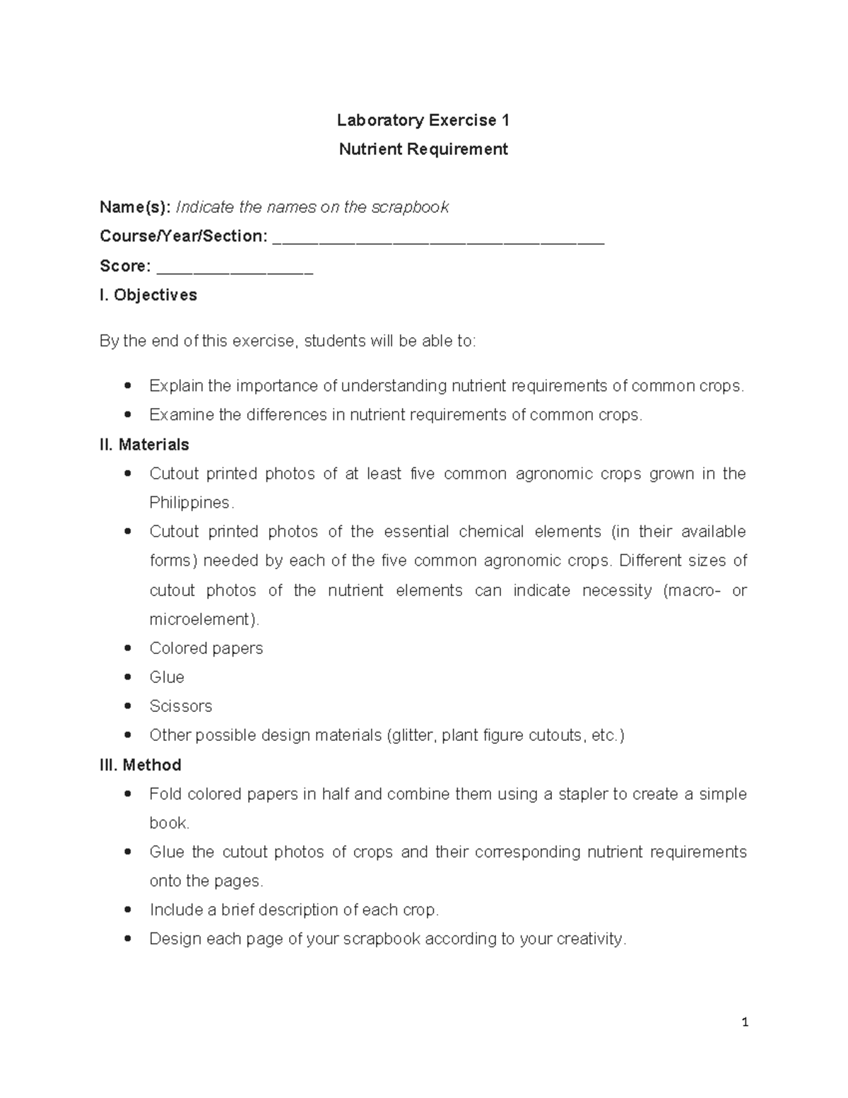 BSAB- Laboratory-1 - Laboratory Exercise 1 Nutrient Requirement Name(s): Indicate the names on ...
