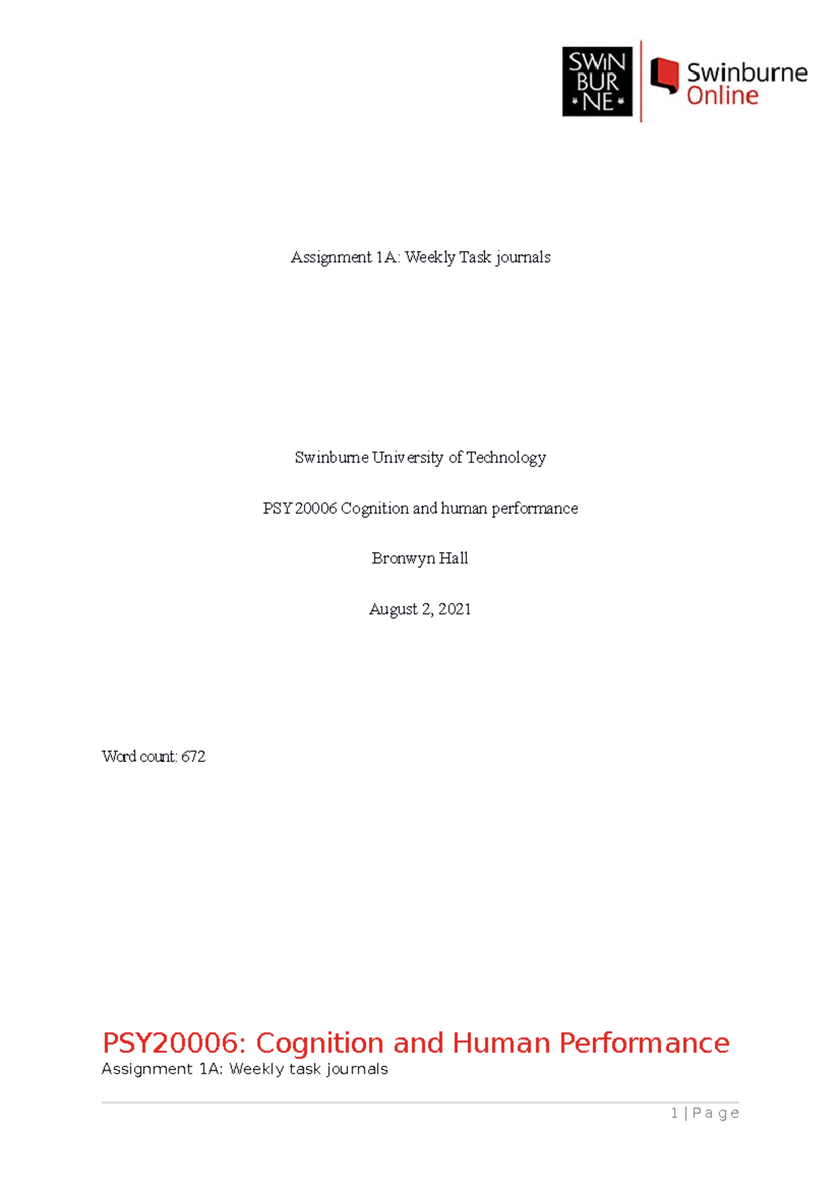 Assignment 1A Cognition and Human Performance PSY20006 - Assignment 1A ...