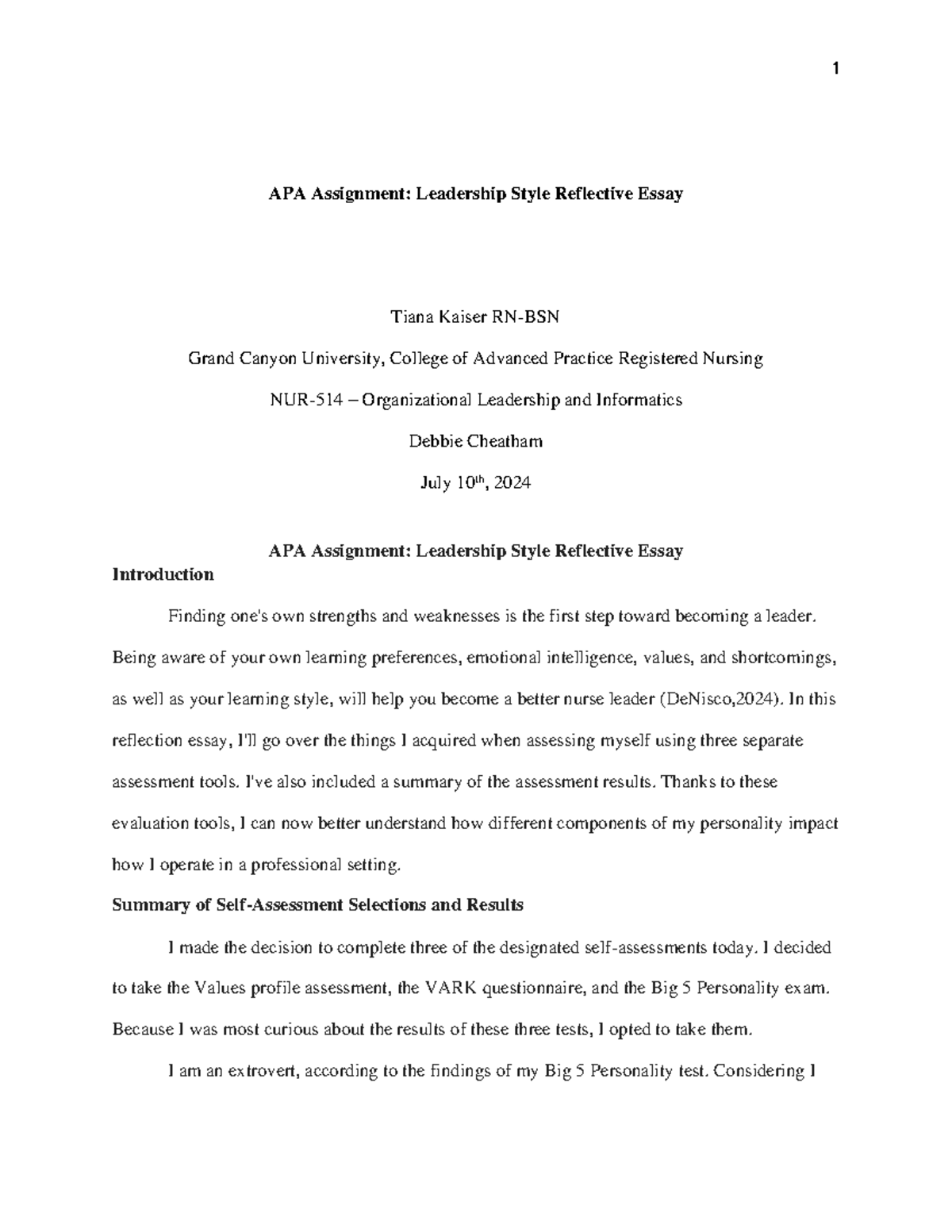 APA Assignment- Leadership Style Reflective Essay - Being aware of your ...