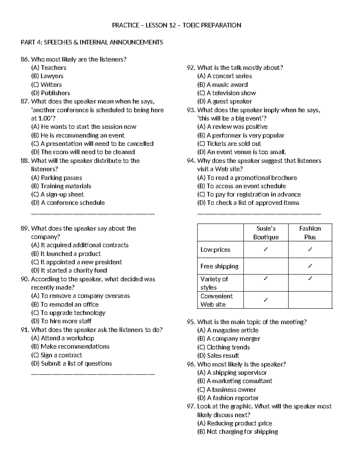 Practice - Pit - PRACTICE – LESSON 12 – TOEIC PREPARATION PART 4: SPEECHES & INTERNAL - Studocu