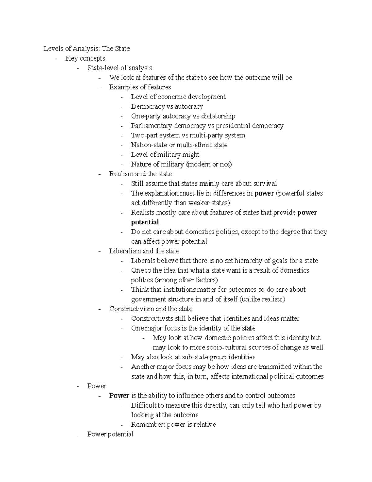 Levels of Analysis The State - It is based on three types of resources ...