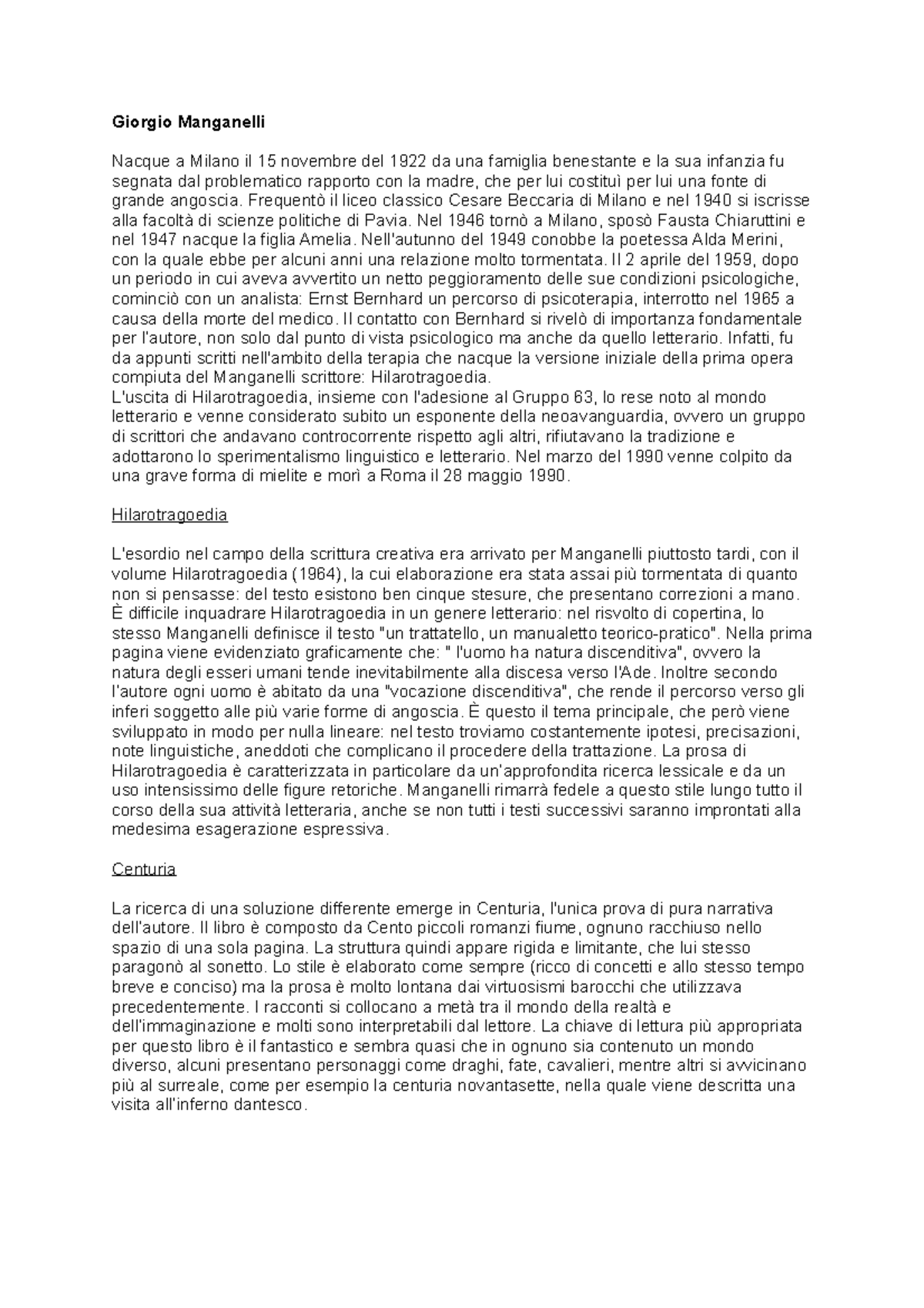 Riassunto Manganelli - Giorgio Manganelli Nacque a Milano il 15 ...