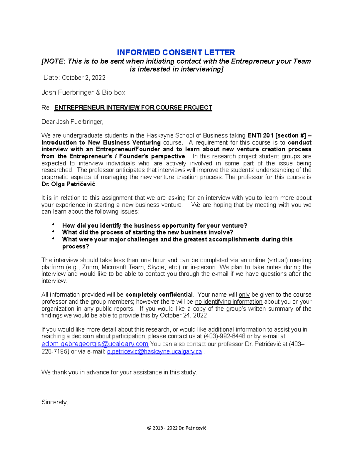 ENTI 201 - Informed Consent Letter -Fall 2022 - INFORMED CONSENT LETTER ...