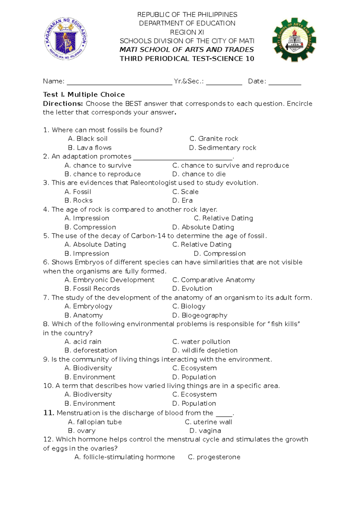 3rd Periodical Exam Science - REPUBLIC OF THE PHILIPPINES DEPARTMENT OF EDUCATION REGION XI ...