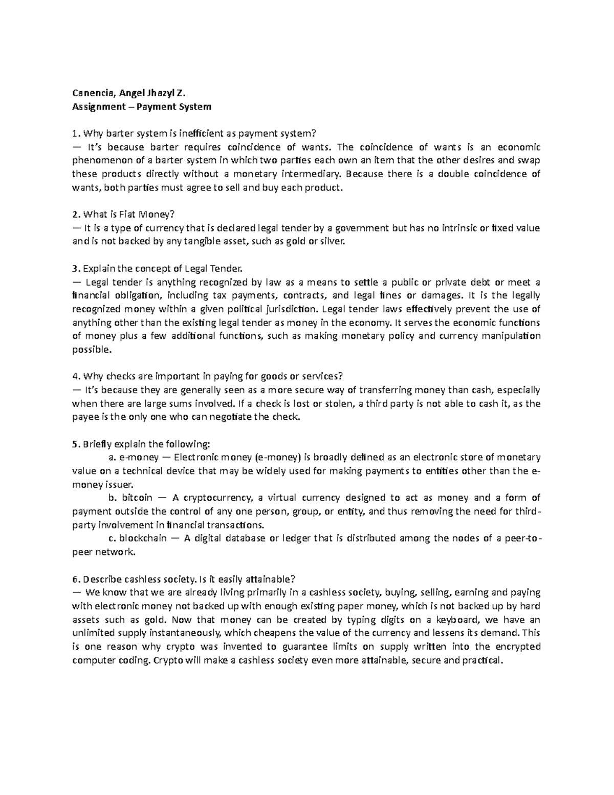 Assignment - Payment System - Canencia, Angel Jhazyl Z. Assignment ...