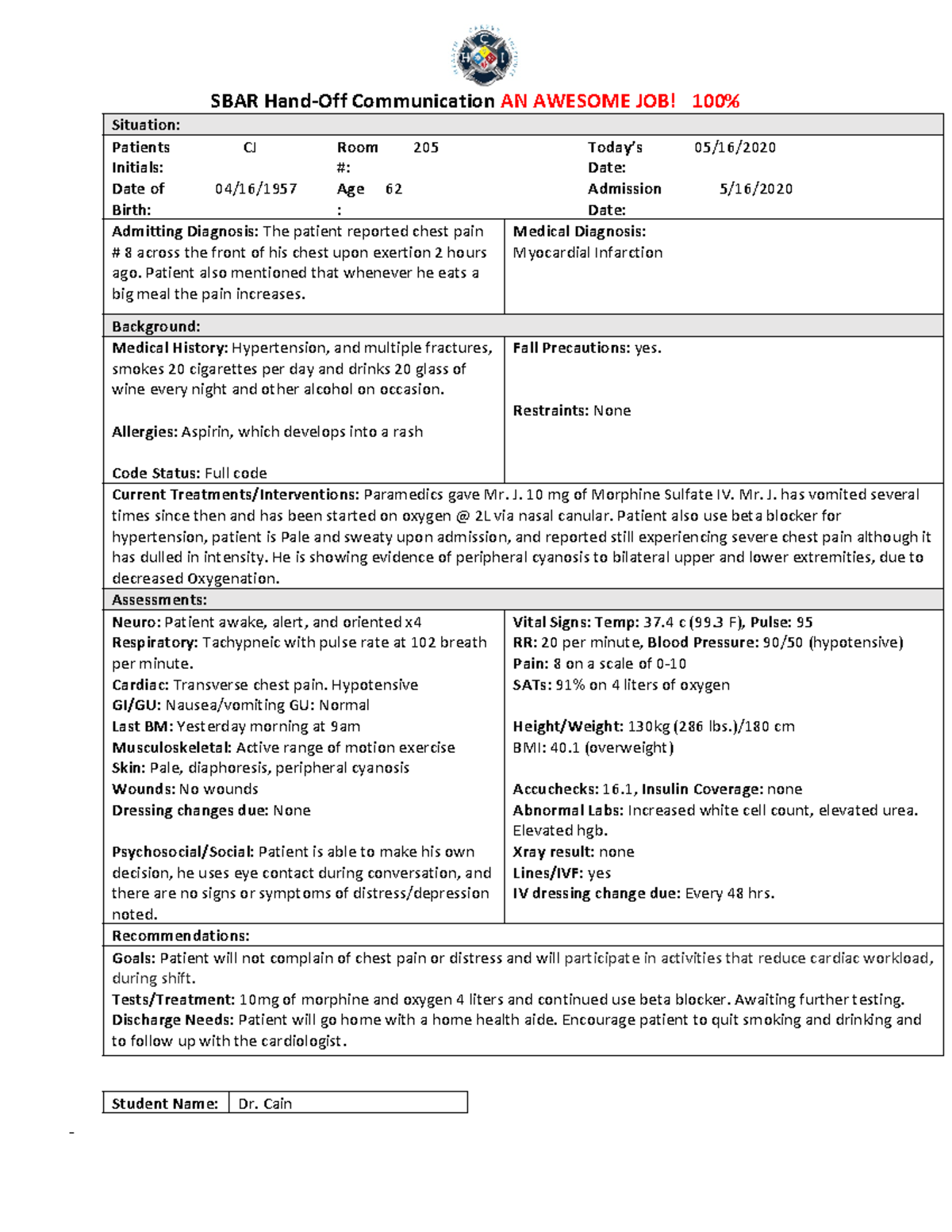 DR CAIN CARE PLAN example - SBAR Hand-Off Communication AN AWESOME JOB ...