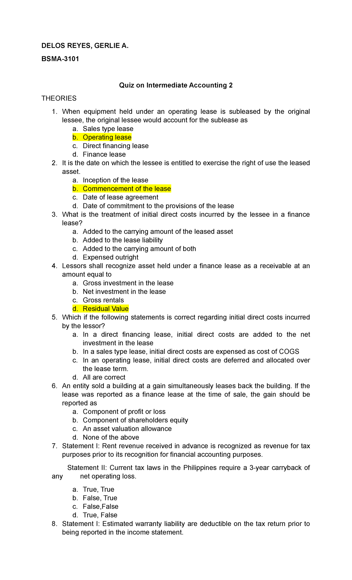 Intermediate-Accounting 2nd-quiz - DELOS REYES, GERLIE A. BSMA- Quiz on ...