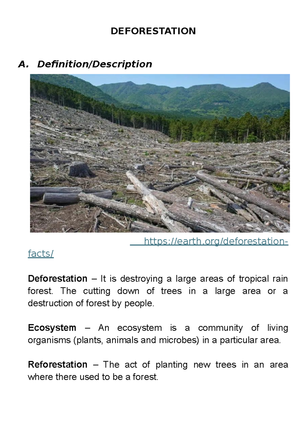Deforestation ( Philosophy) - DEFORESTATION A. Definition/Description ...