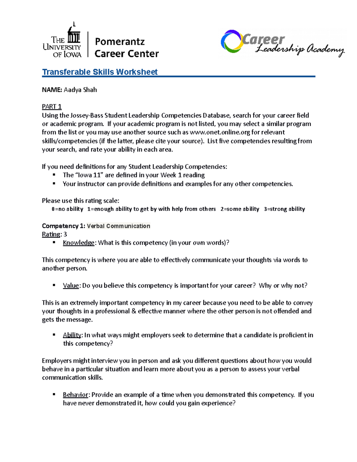 Transferable Skills Worksheet - If your academic program is not listed ...
