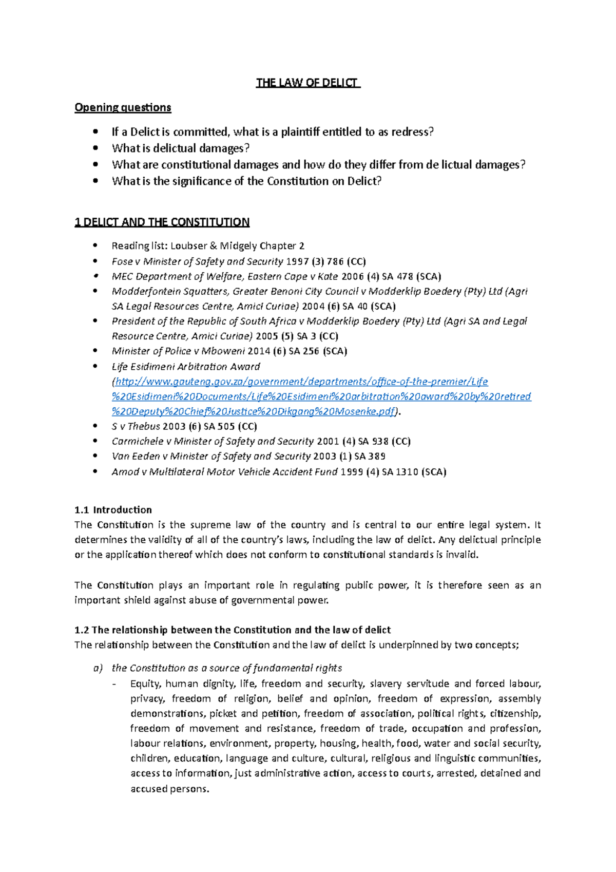 Delict 2nd 2020 Delict AND THE Constitution - THE LAW OF DELICT Opening ...