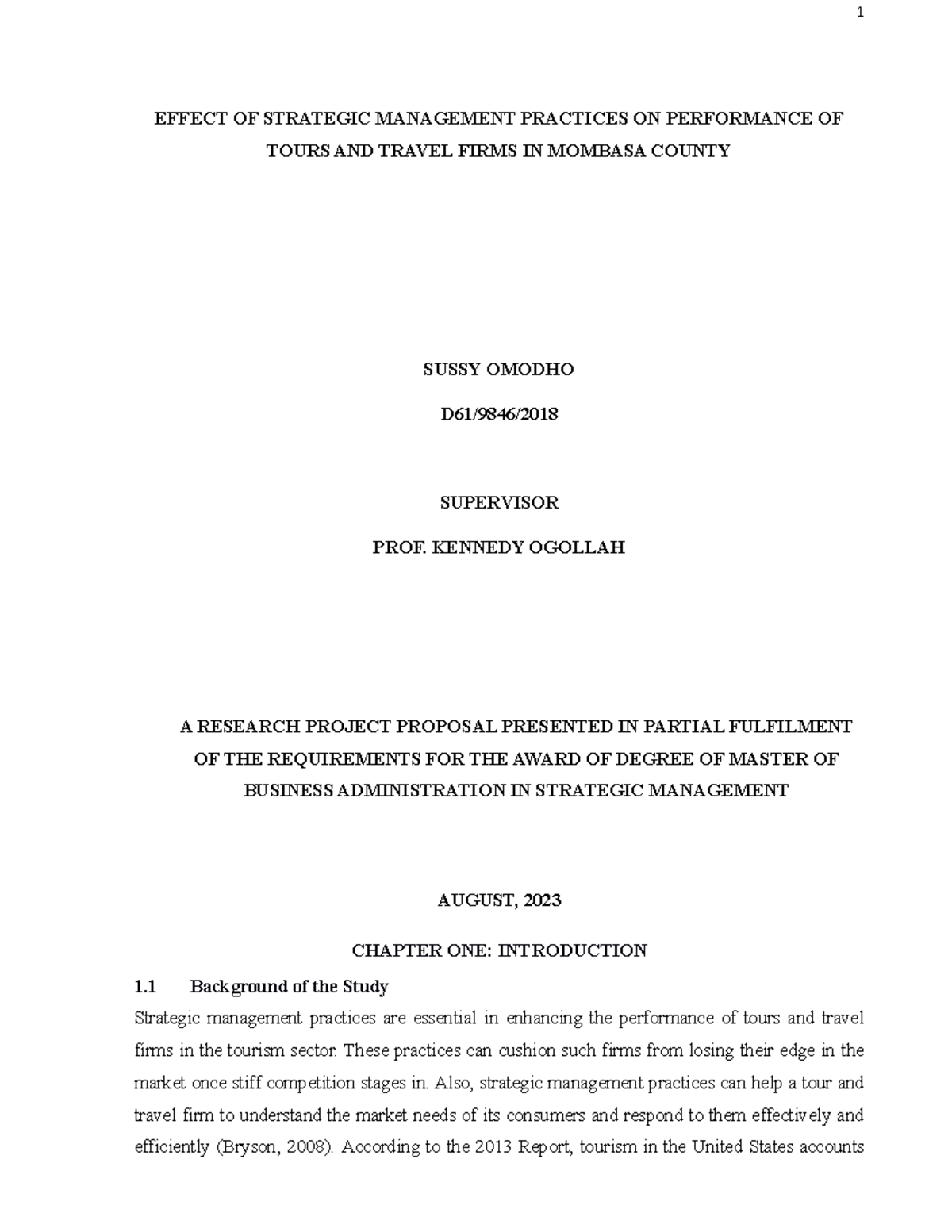 Sussy's Proposal Final - EFFECT OF STRATEGIC MANAGEMENT PRACTICES ON PERFORMANCE OF TOURS AND ...