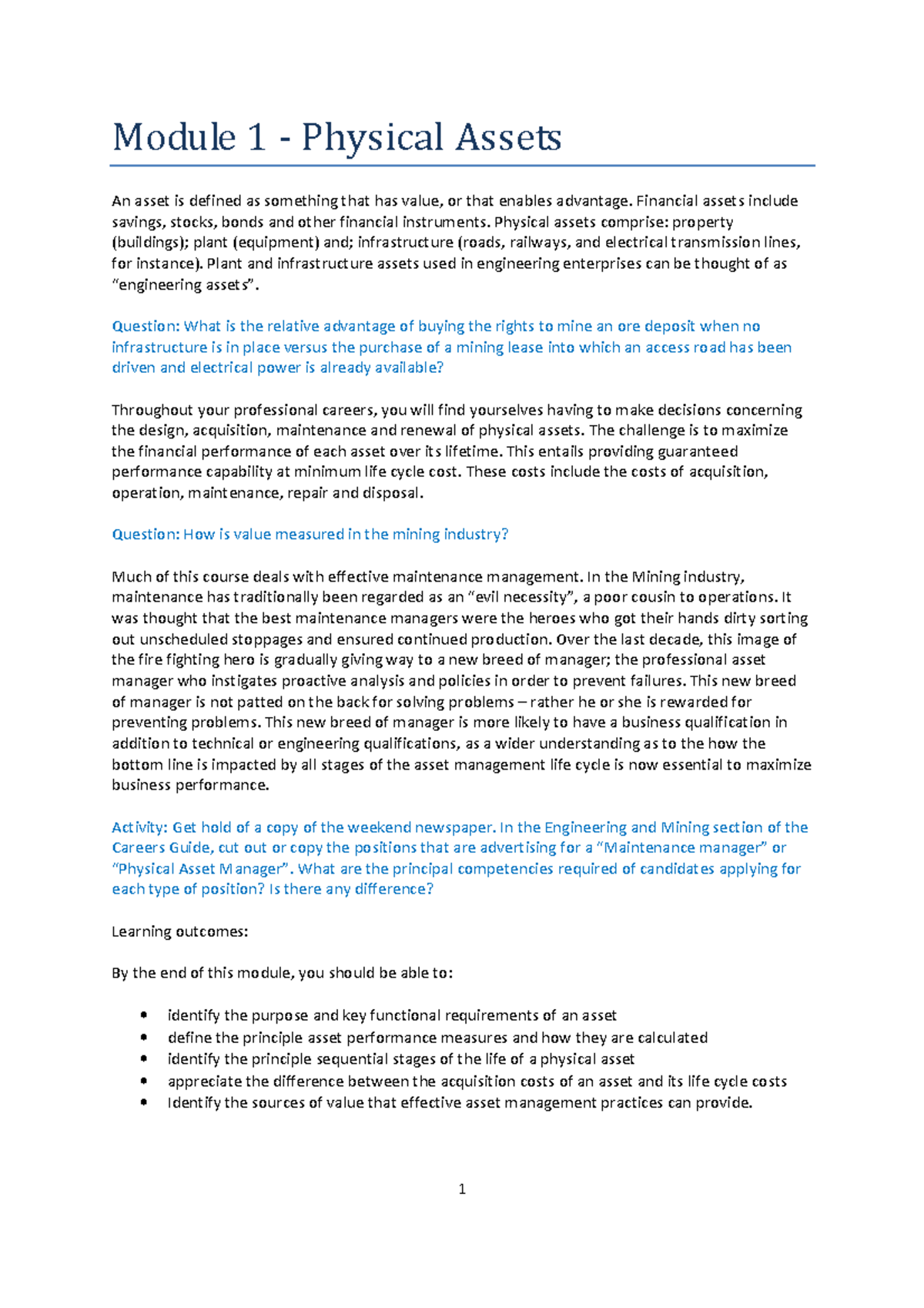 Module 1 Physical Assets - Module 1 - Physical Assets An asset is ...