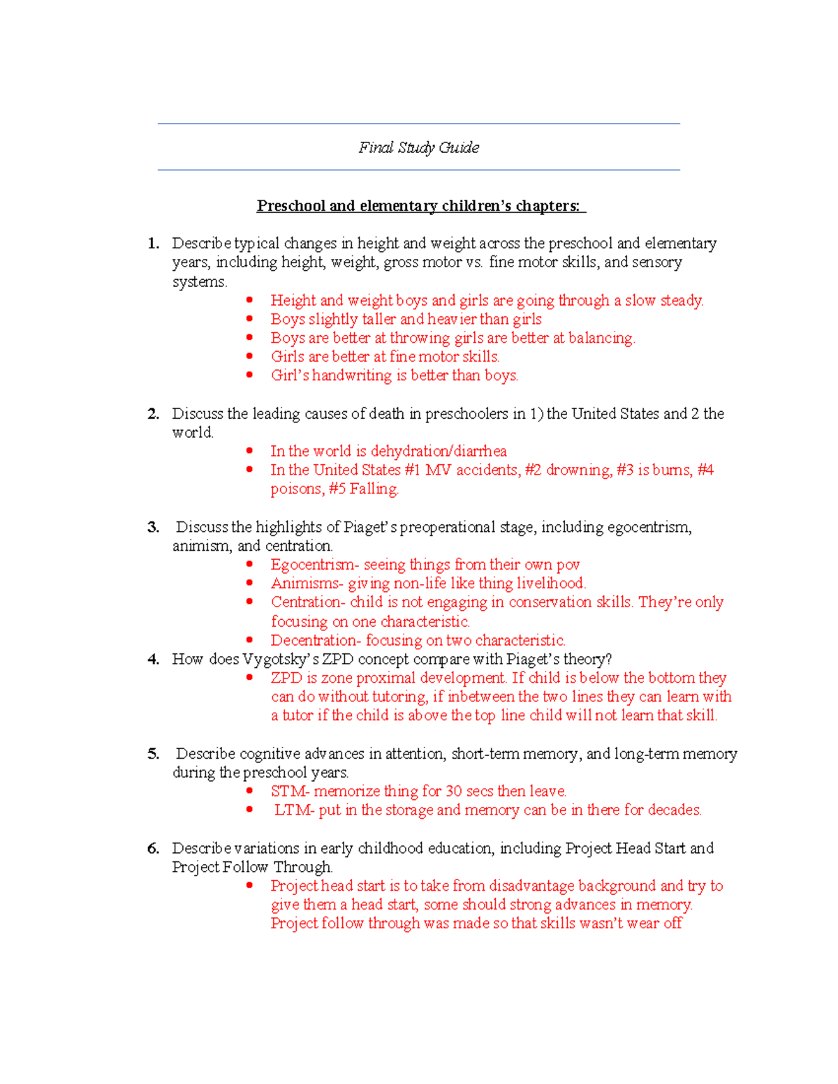 Final Study Guide PSY-355 - Final Study Guide Preschool and elementary children’s chapters ...