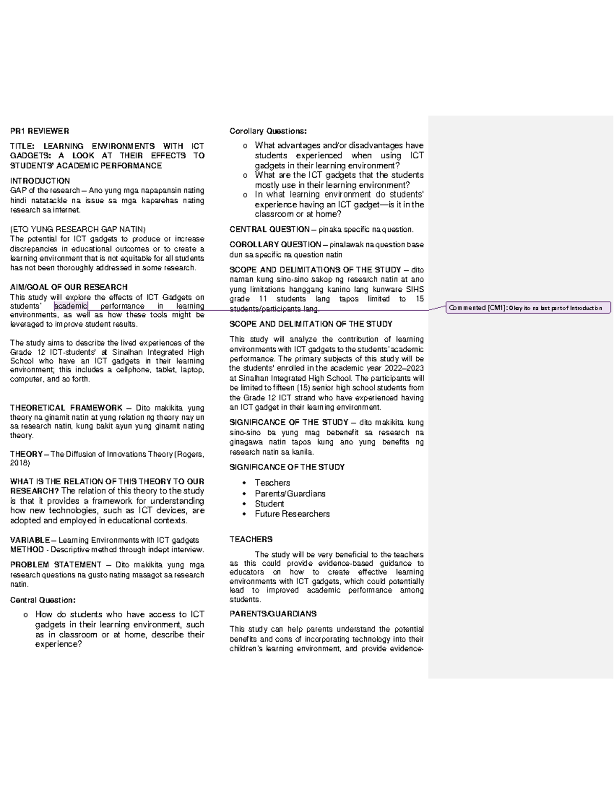 PR1 Reviewer - UWU - PR1 REVIEWER TITLE: LEARNING ENVIRONMENTS WITH ICT ...