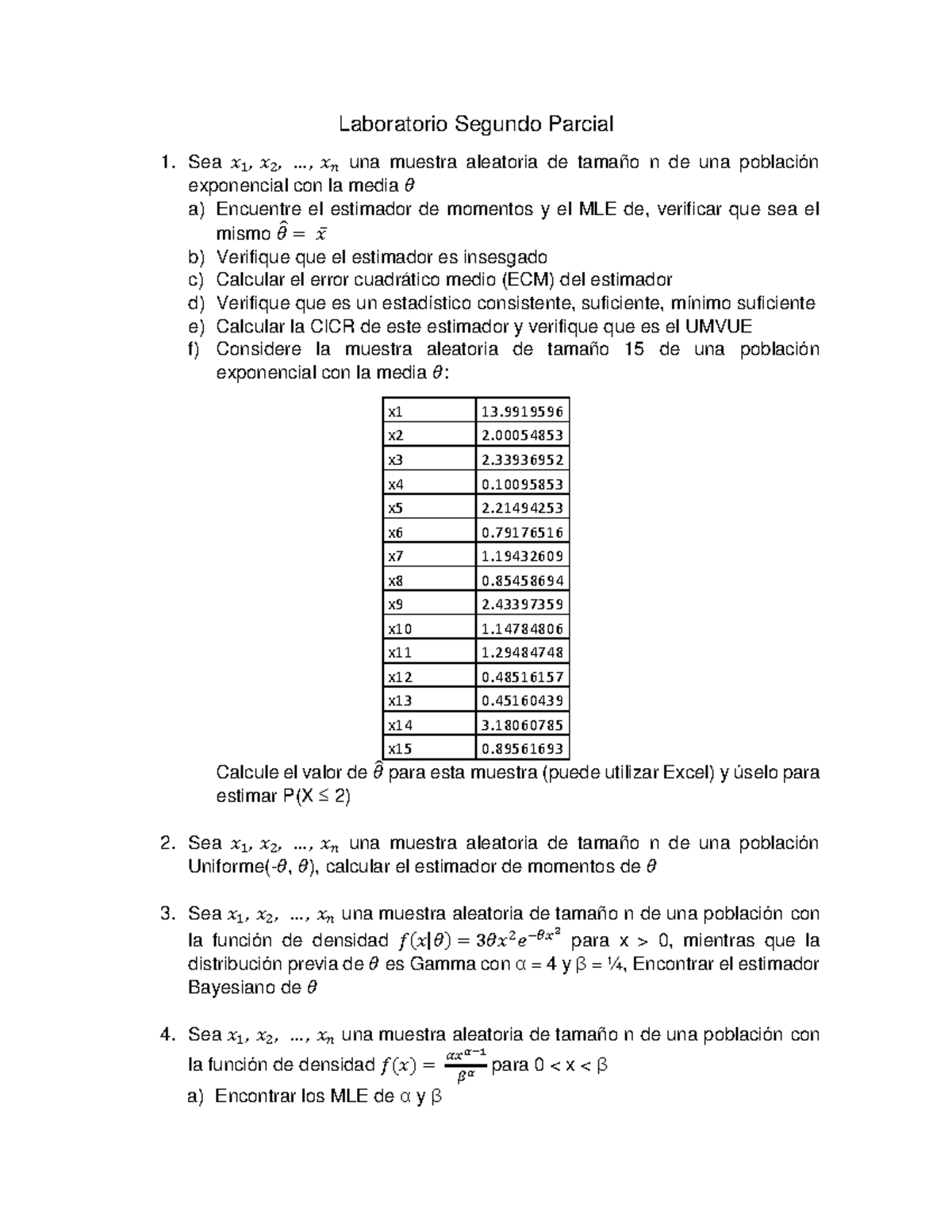 Laboratorio Segundo Parcial - .. , 𝑥 𝑛 una muestra aleatoria de tamaño n de una población - Studocu