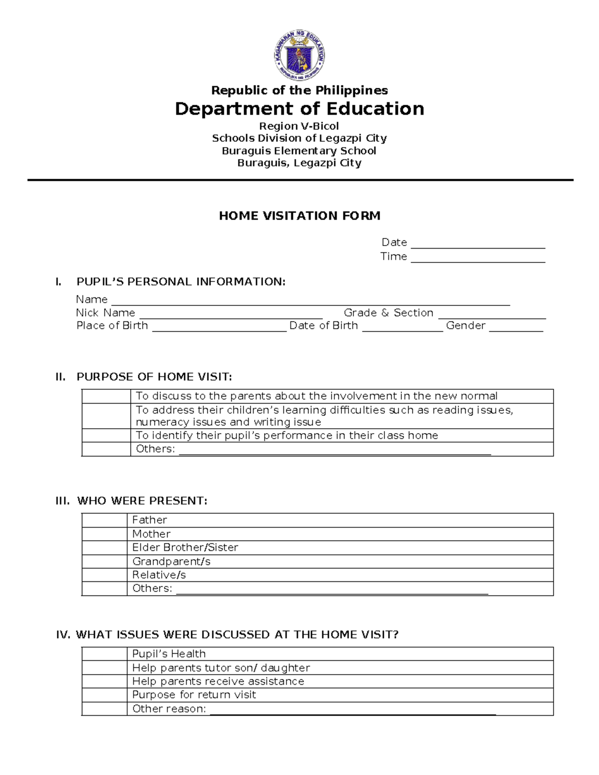 HOME Visitation FORM EDNA - Republic of the Philippines Department of ...