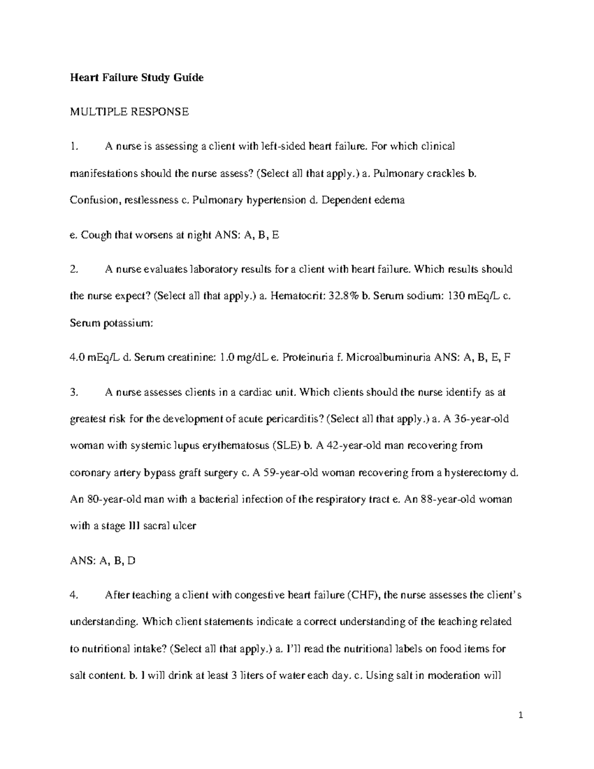 Heart Failure Study Guide - 1 Heart Failure Study Guide MULTIPLE ...