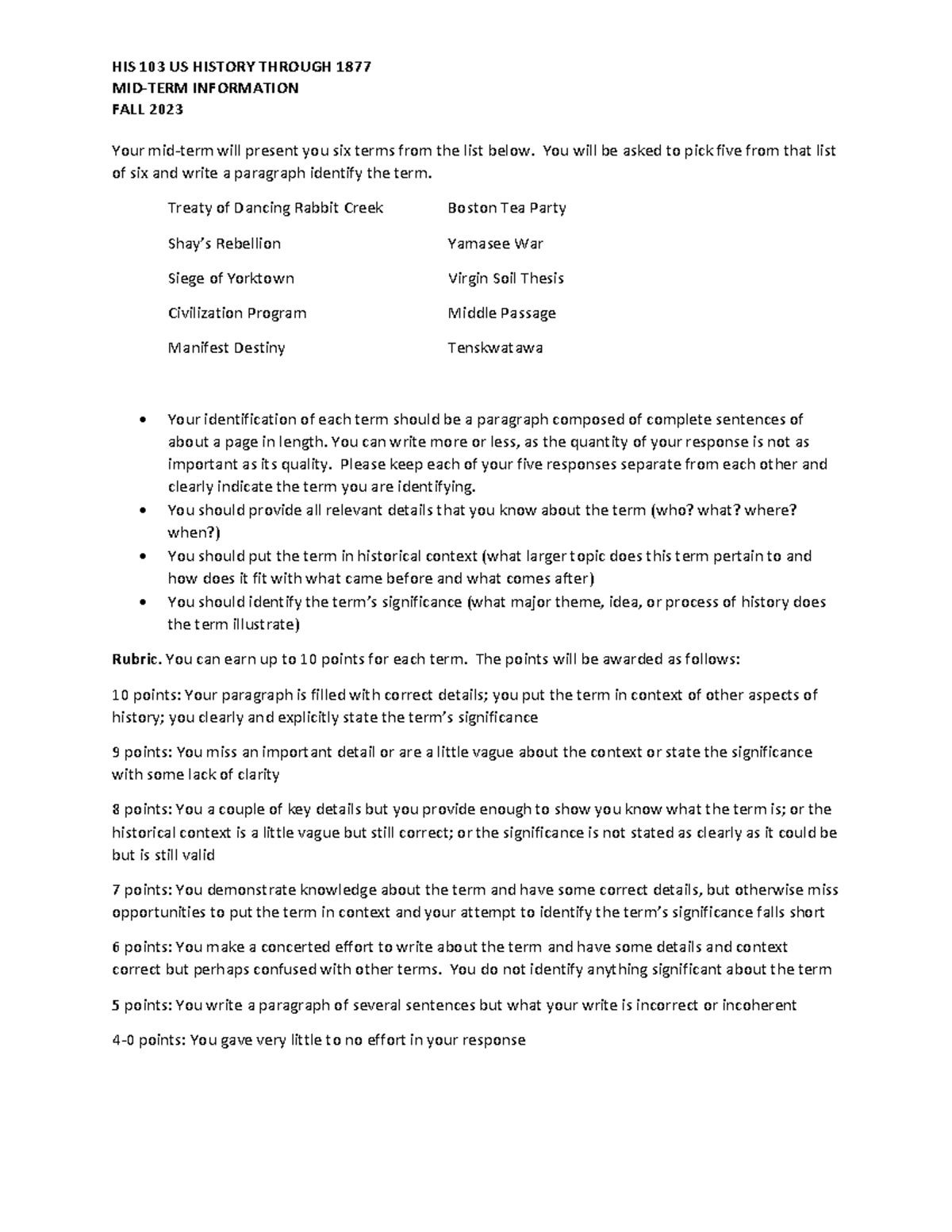 HIS 103 Midterm.ID Terms and Rubric - HIS 103 US HISTORY THROUGH 1877 ...