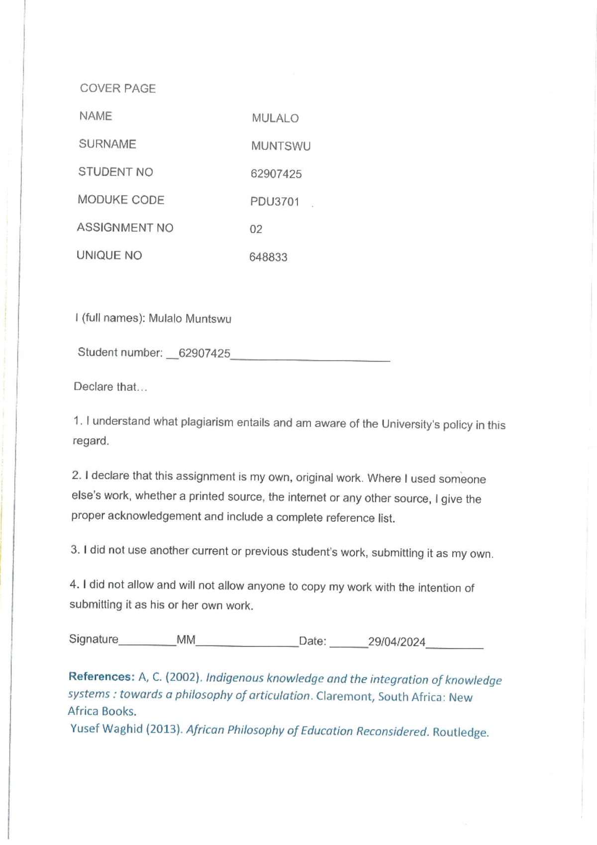 PDU3701 Assignment 02 - PDU3701 - Studocu